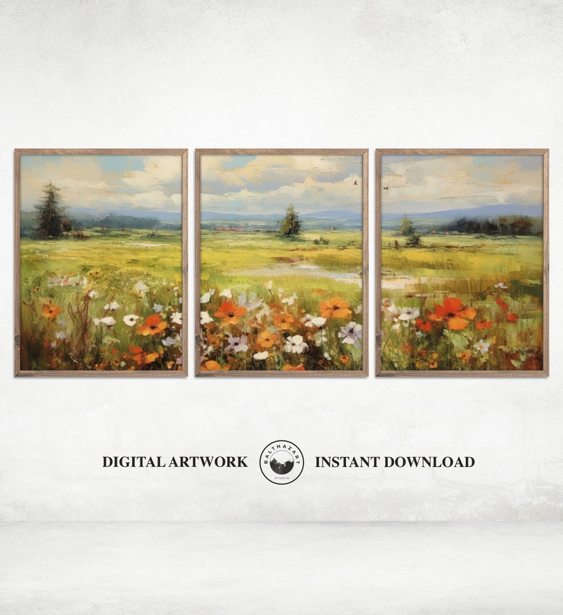 Trio of Printable Oil Paintings: Wildflower Meadow Landscape, Vintage ...