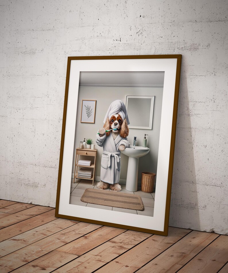 Portrait of a Cavalier King Charles Spaniel Brushing Teeth in Bathrobe ...