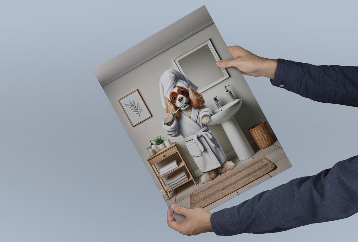Portrait of a Cavalier King Charles Spaniel Brushing Teeth in Bathrobe ...