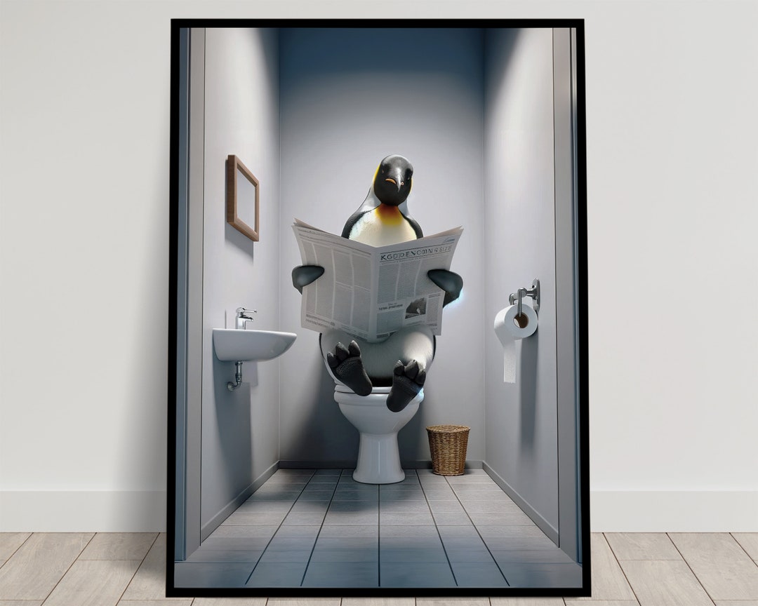 Photograph of a Emperor Penguin Reading the Newspaper on the Toilet ...