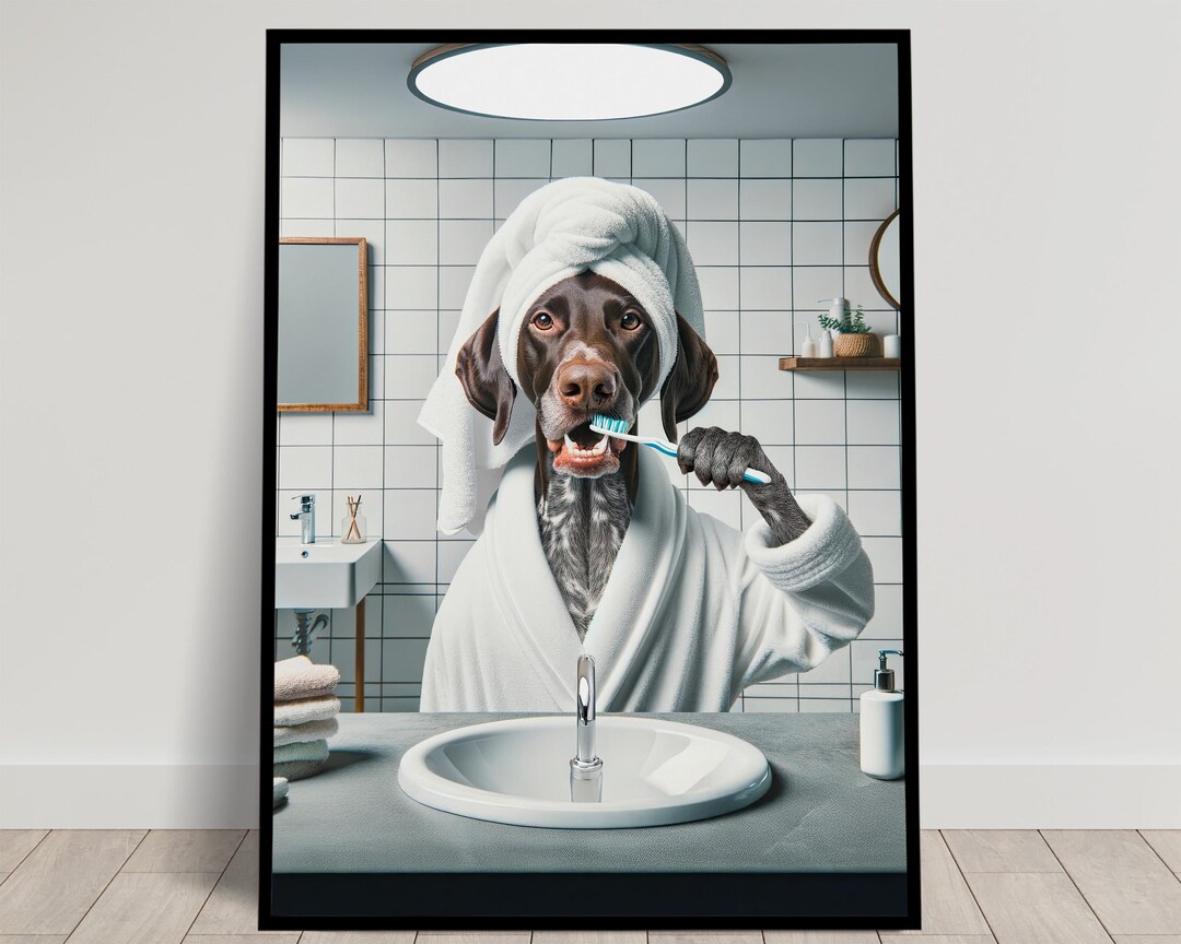 Portrait of a GSP Brushing Teeth in Bathrobe – Funny Dog Bathroom Decor ...