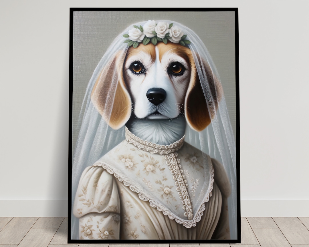 Portrait of a Beagle Wearing a Wedding Dress, Animal Wall Decor, Beagle ...