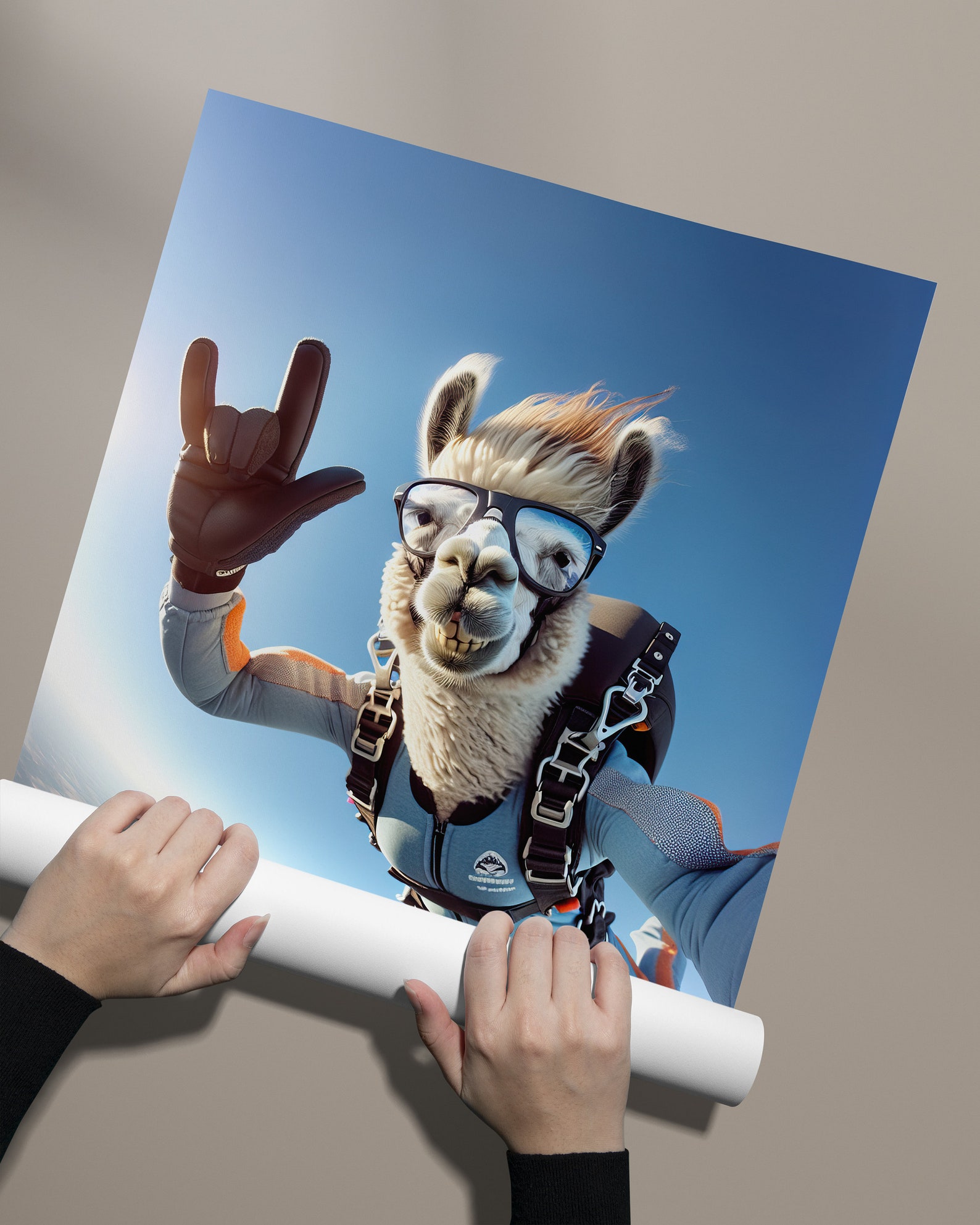 Photograph of a Skydiving Llama in Free Fall, Epic Wall Art, Animal ...