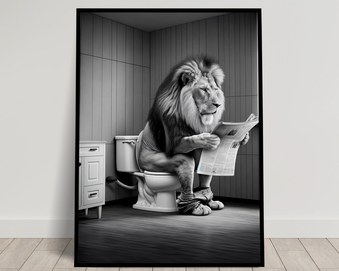 Photograph of a Lion Reading on the Toilet in Black and White, Fun ...