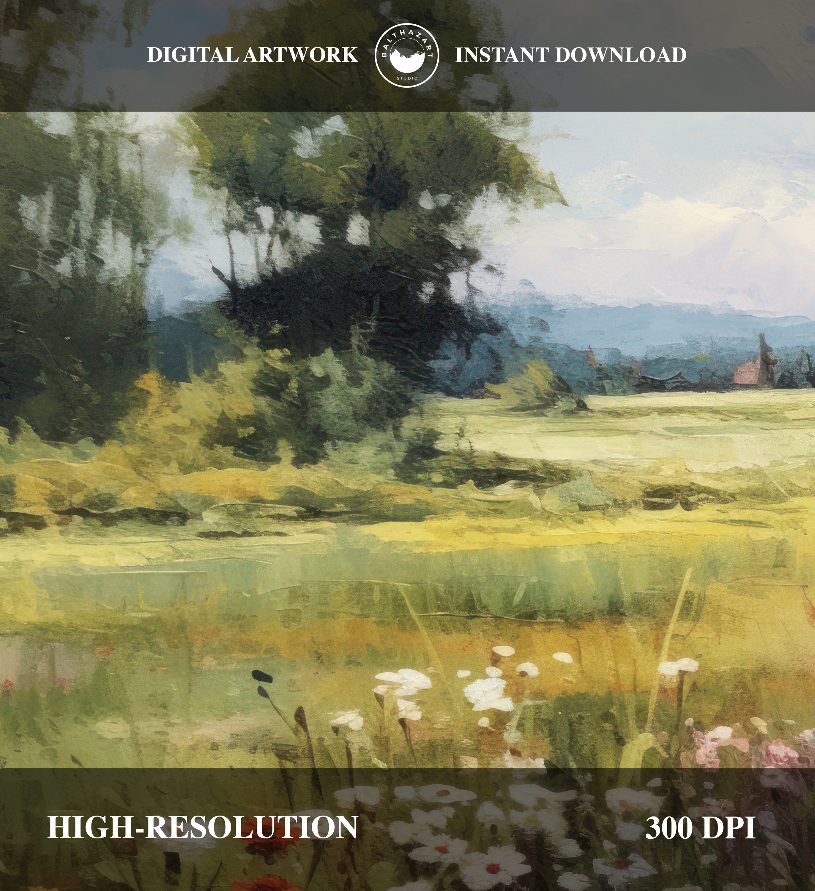 Trio of Printable Oil Paintings: Wildflowers Field Landscape, Vintage ...