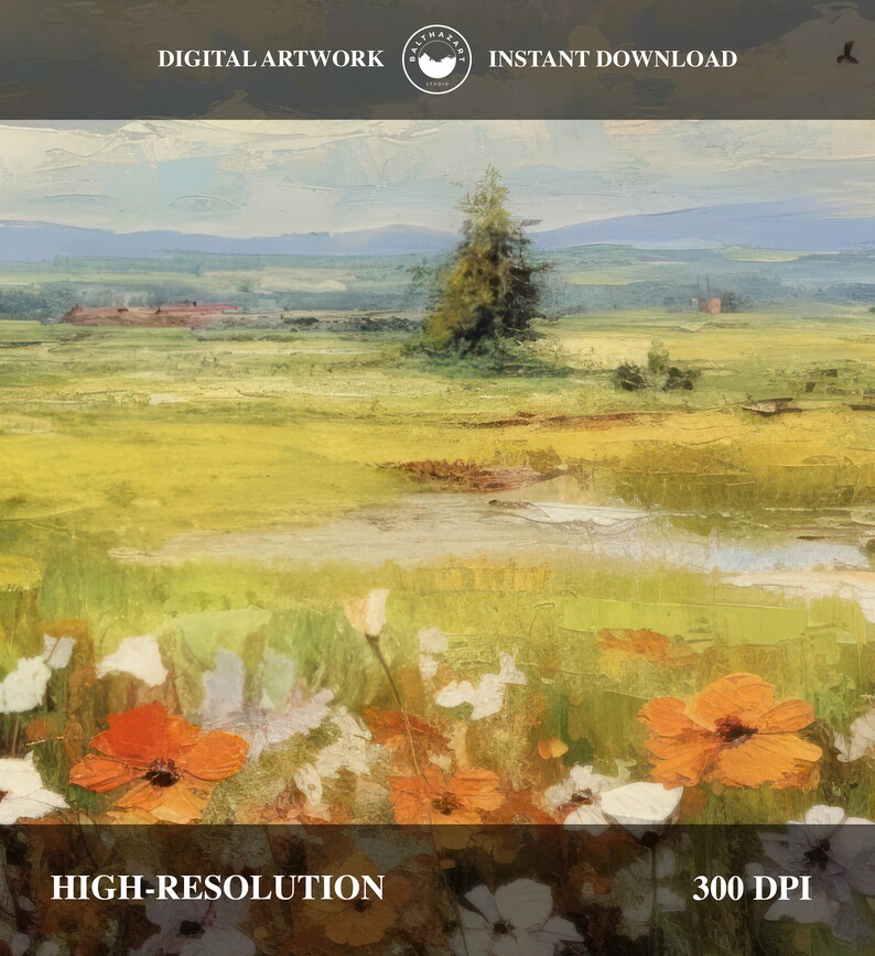 Trio of Printable Oil Paintings: Wildflower Meadow Landscape, Vintage ...