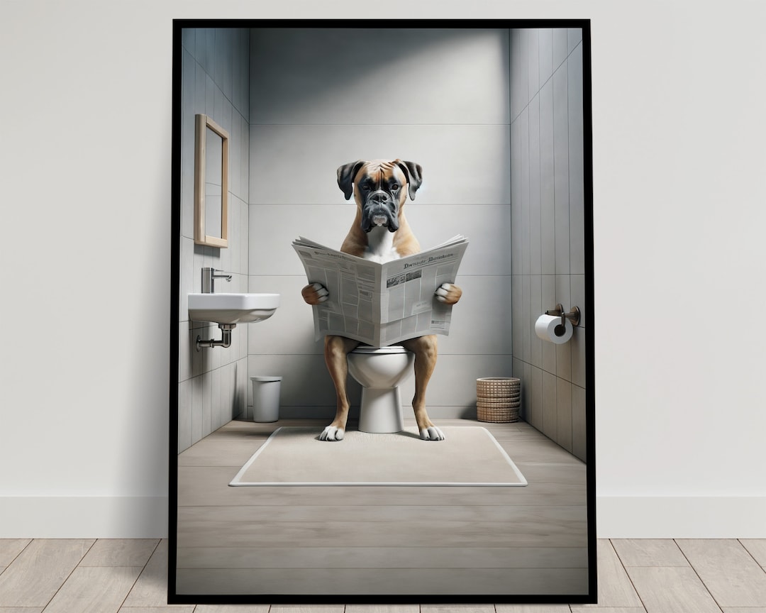 Photograph of a Boxer Reading the Newspaper on the Toilet, Funny ...