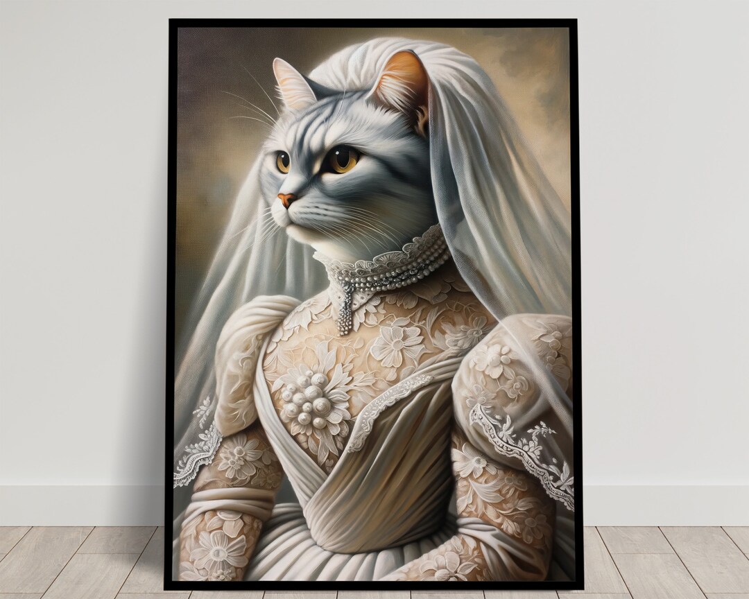 Portrait of a Cat Wearing a Wedding Dress, Animal Wall Decor, Cat ...
