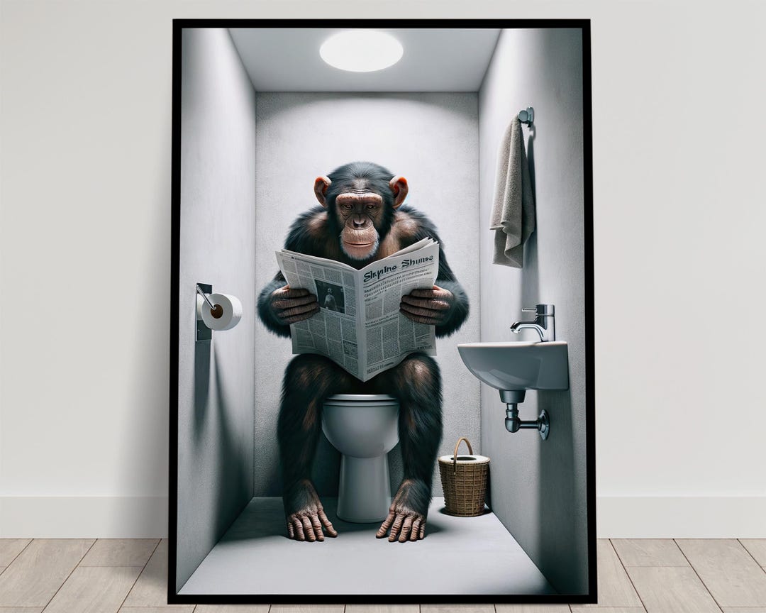 Photograph of a Chimpanzee Reading the Newspaper on the Toilet, Funny ...