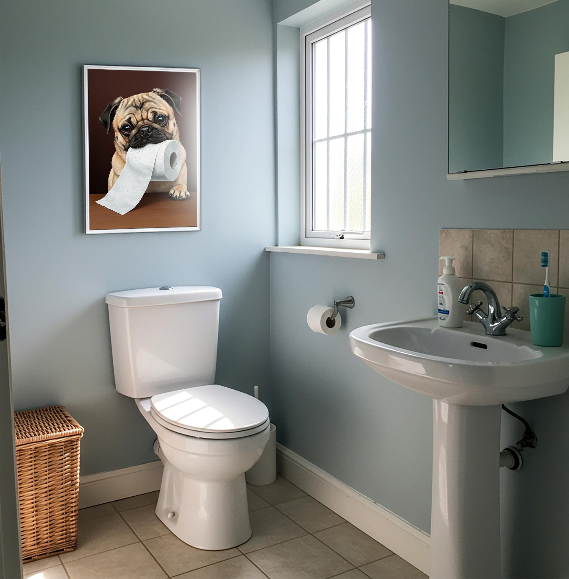 Pug With Toilet Paper Roll in Mouth, Toilet Humor, Pug Gifts, Bathroom ...