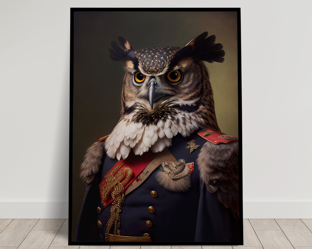 Portrait of an Owl in Military Uniform, Animal Wall Decor, Owl Poster ...
