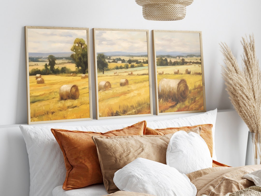 Trio of Printable Vintage Oil Paintings: Hay Bales in Hayfield, Pasture ...