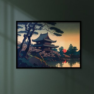 Japanese Temple Wall Poster, Japanese Art Style Illustration, Lake ...