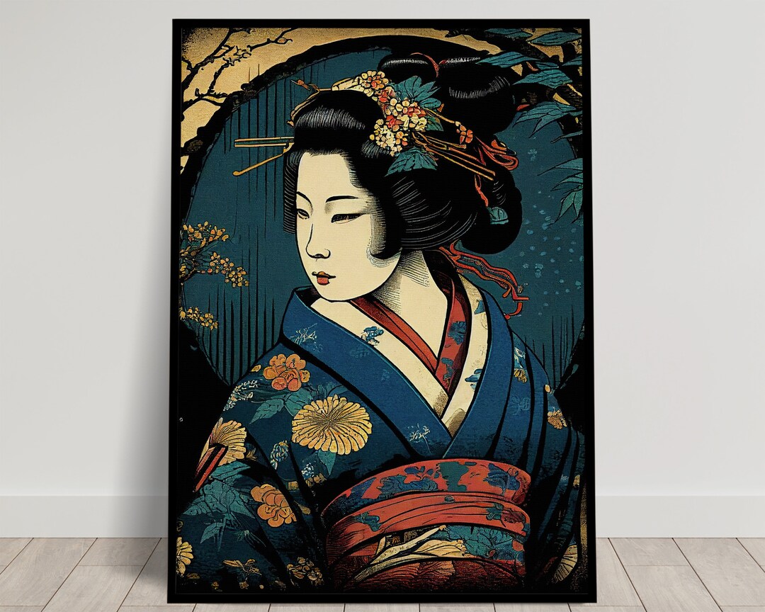 Geisha in Blue Kimono Wall Poster, Japanese Art Style Poster ...