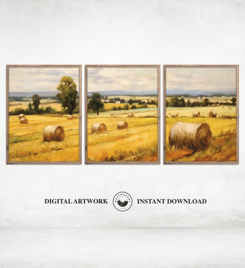 Trio of Printable Vintage Oil Paintings: Hay Bales in - Etsy