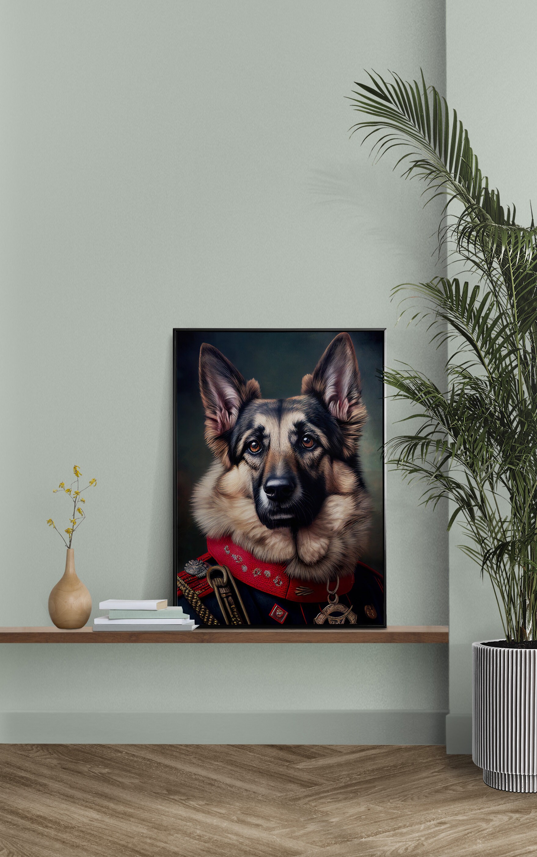 Portrait of a German Shepherd in Military Uniform, Animal Wall ...