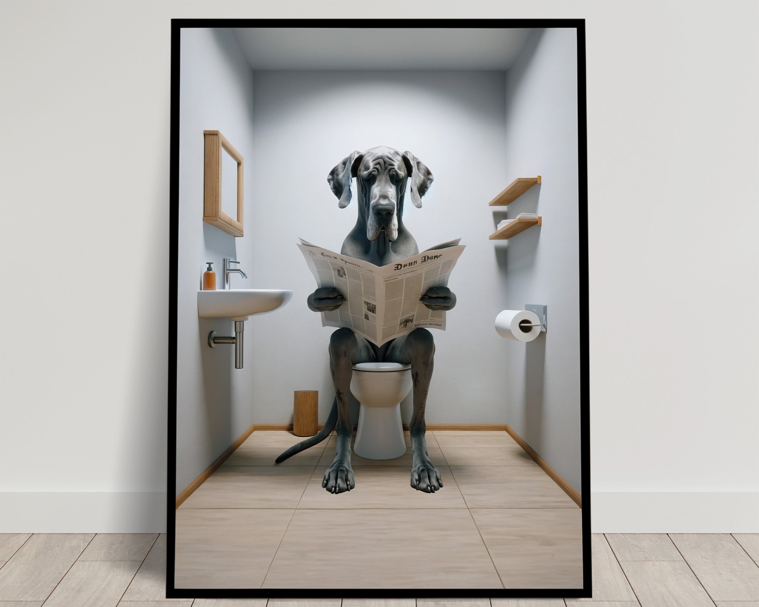 Photograph of a Great Dane Reading the Newspaper on the Toilet, Funny ...