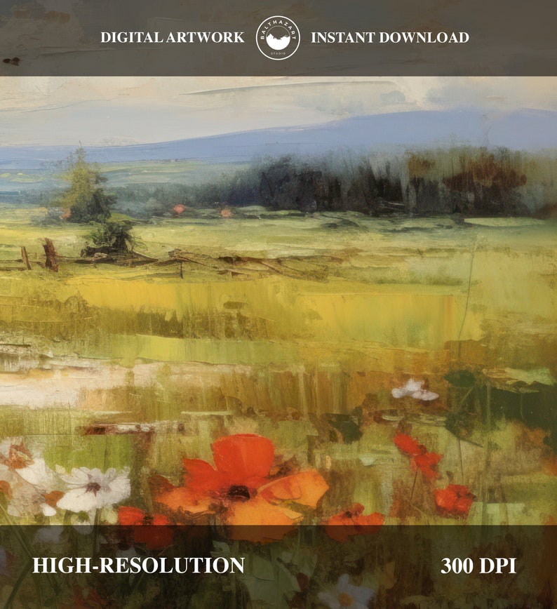 Trio of Printable Oil Paintings: Wildflower Meadow Landscape, Vintage ...