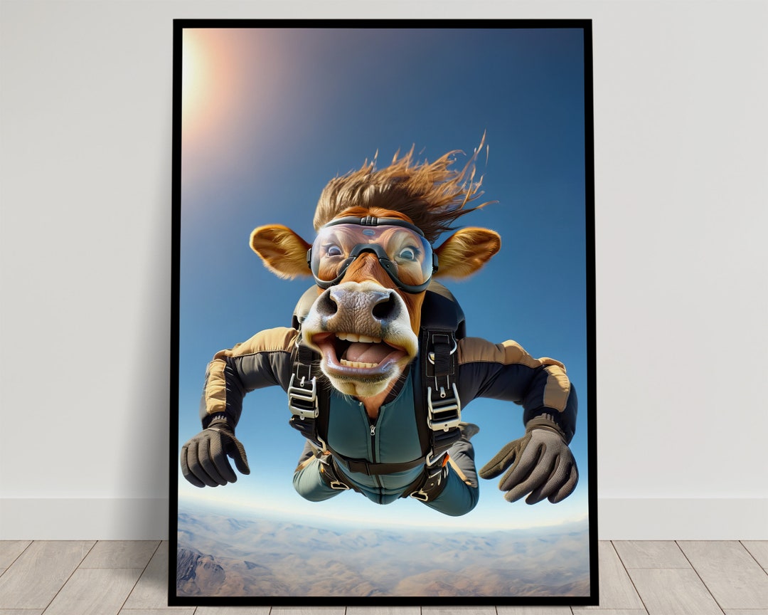 Photograph of a Skydiving Cow in Free Fall, Epic Wall Art, Animal Print ...