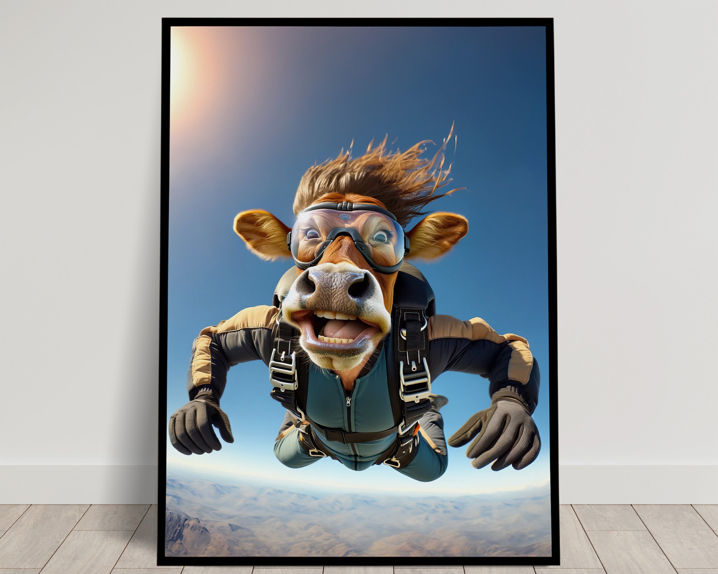 Photograph of a Skydiving Cow in Free Fall, Epic Wall Art, Animal Print ...