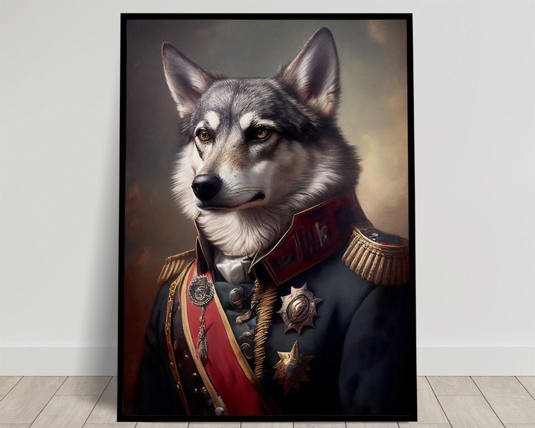 Portrait of a Gray Wolf in Military Uniform, Animal Wall Art, Gray Wolf ...