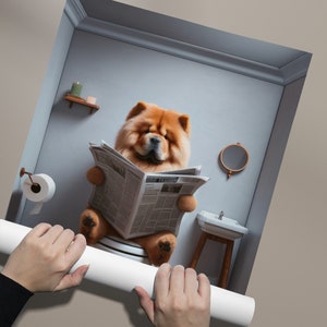 Photograph of a Chow Chow Dog Reading the Newspaper on the Toilet ...