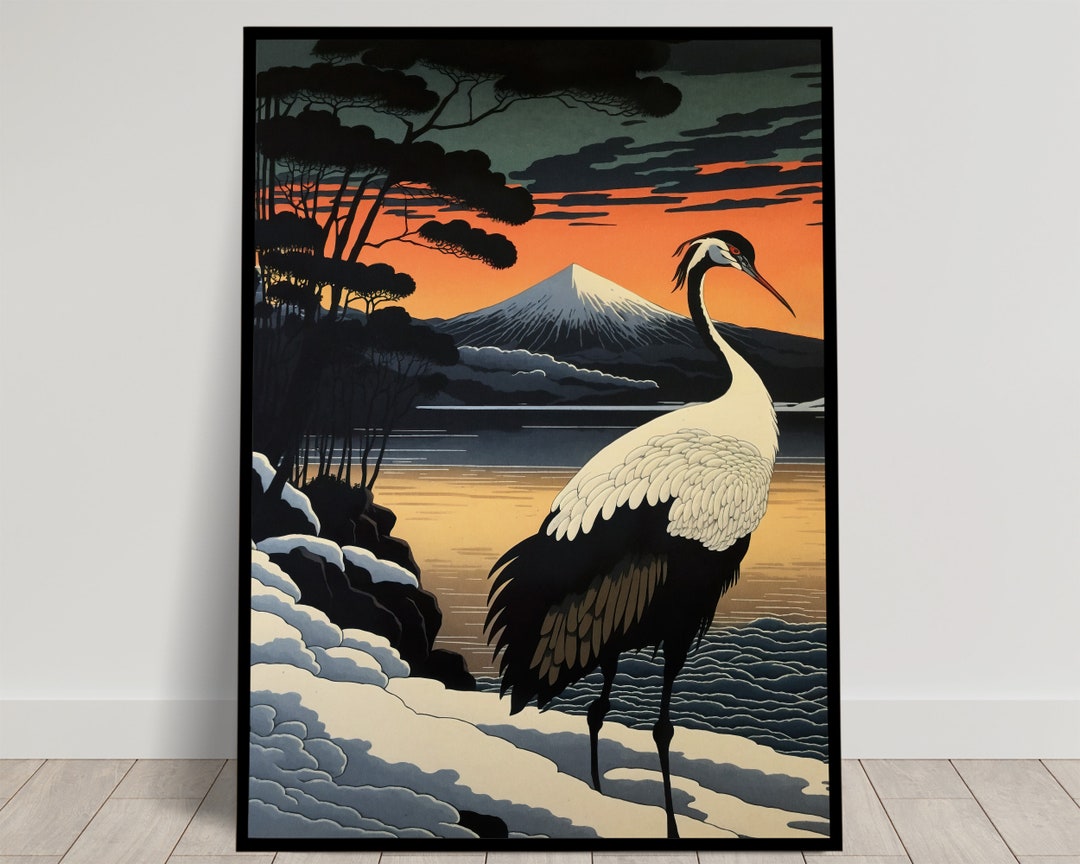 Sunset Japanese Crane Wall Poster, Japanese Art Style Poster, Asian ...