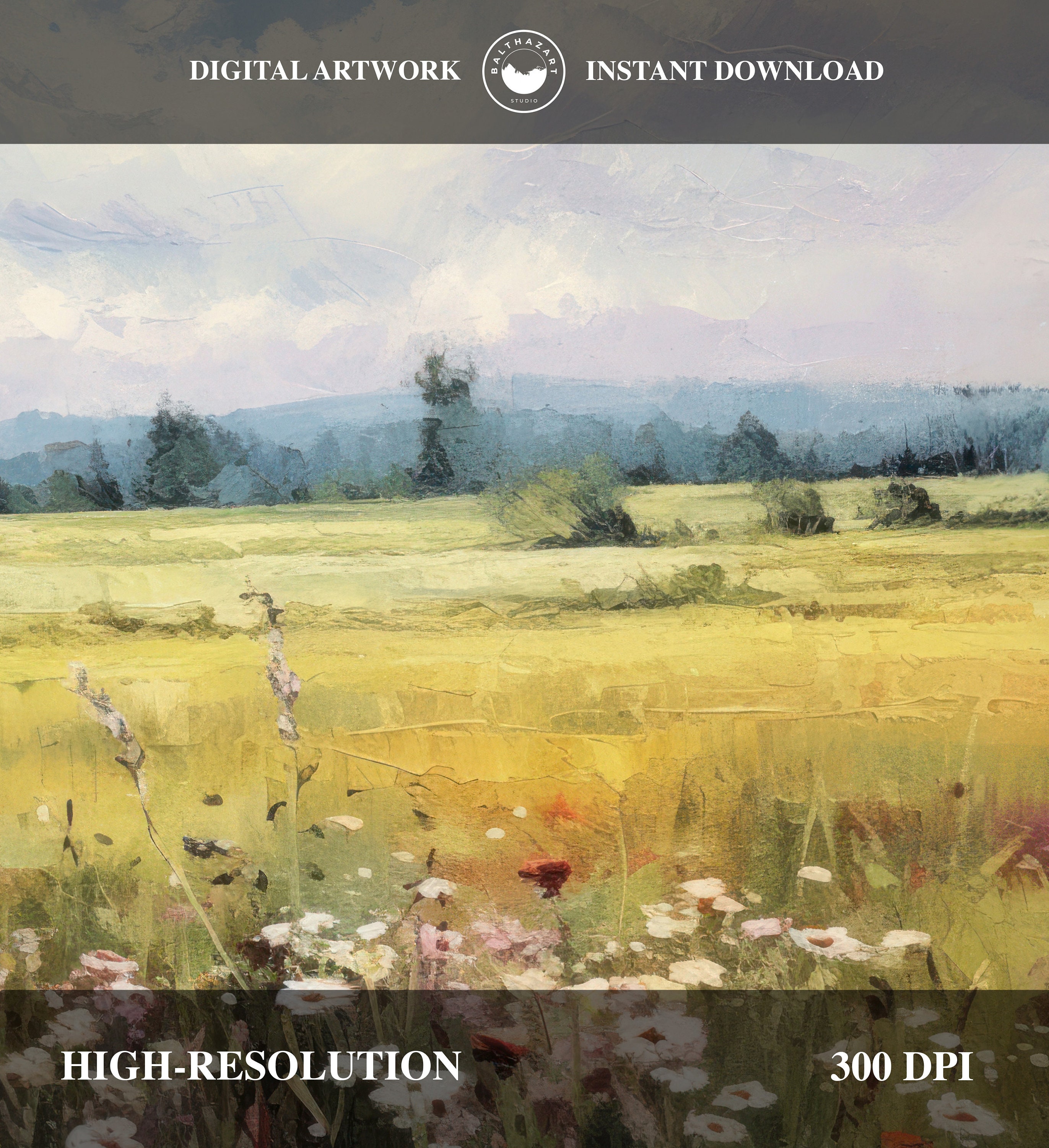 Trio of Printable Oil Paintings: Wildflowers Field Landscape, Vintage ...