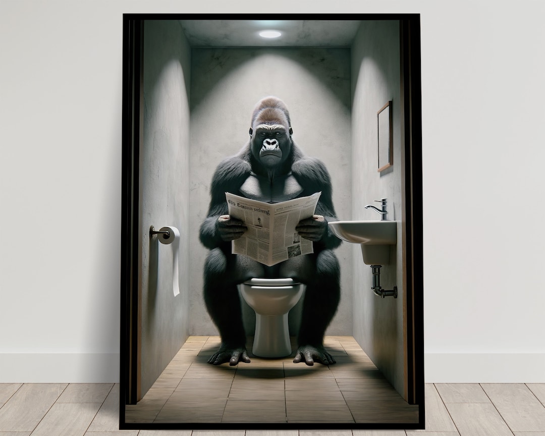 Photograph of a Gorilla Reading the Newspaper on the Toilet, Funny ...