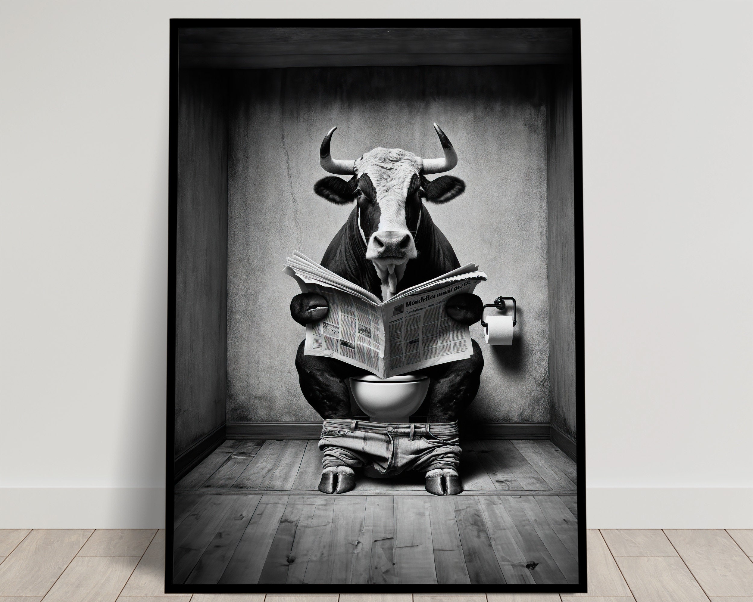 Photograph of a Bull Reading on the Toilet in Black and White, Fun ...