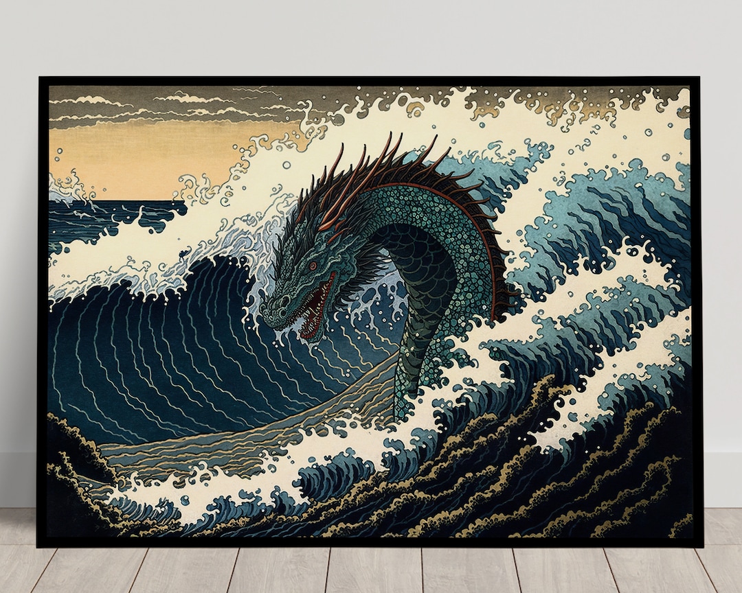 Wall Poster Dragon Rising From the Waters, Illustration Style Japanese ...