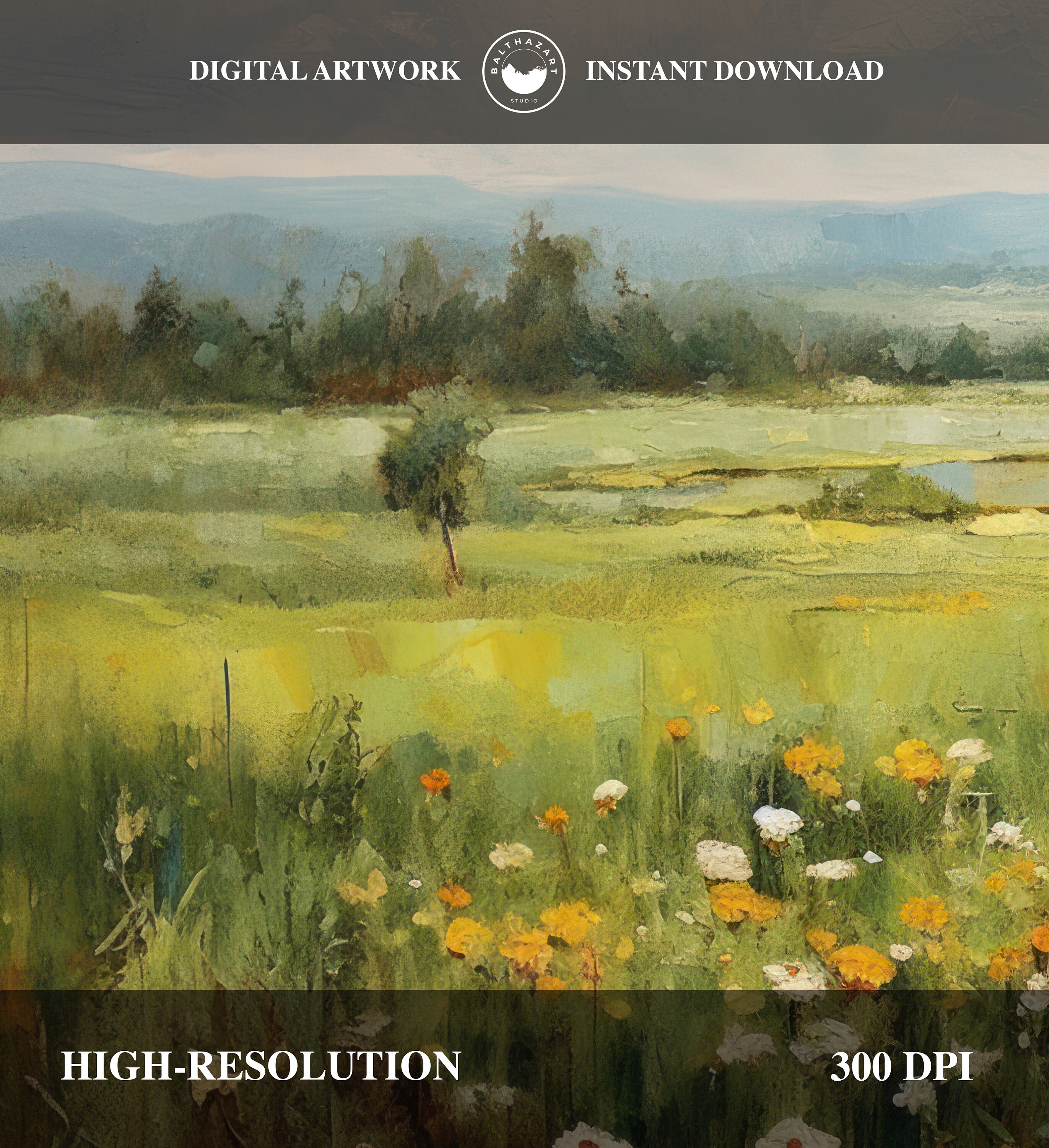 Trio of Printable Oil Paintings: Wildflower Meadow Landscape, Vintage ...