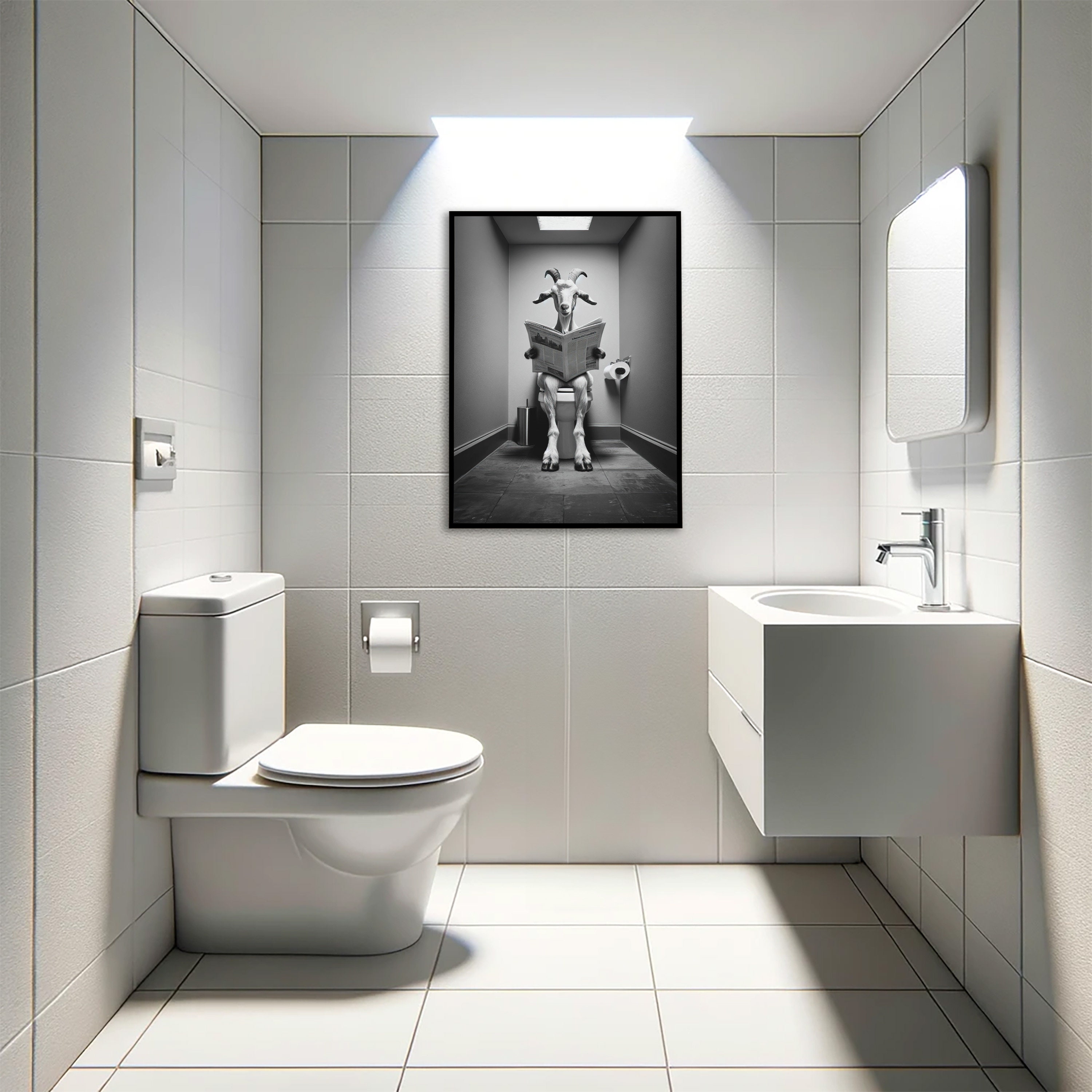 Photograph of a Goat Reading on the Toilet in Black and White, Fun ...