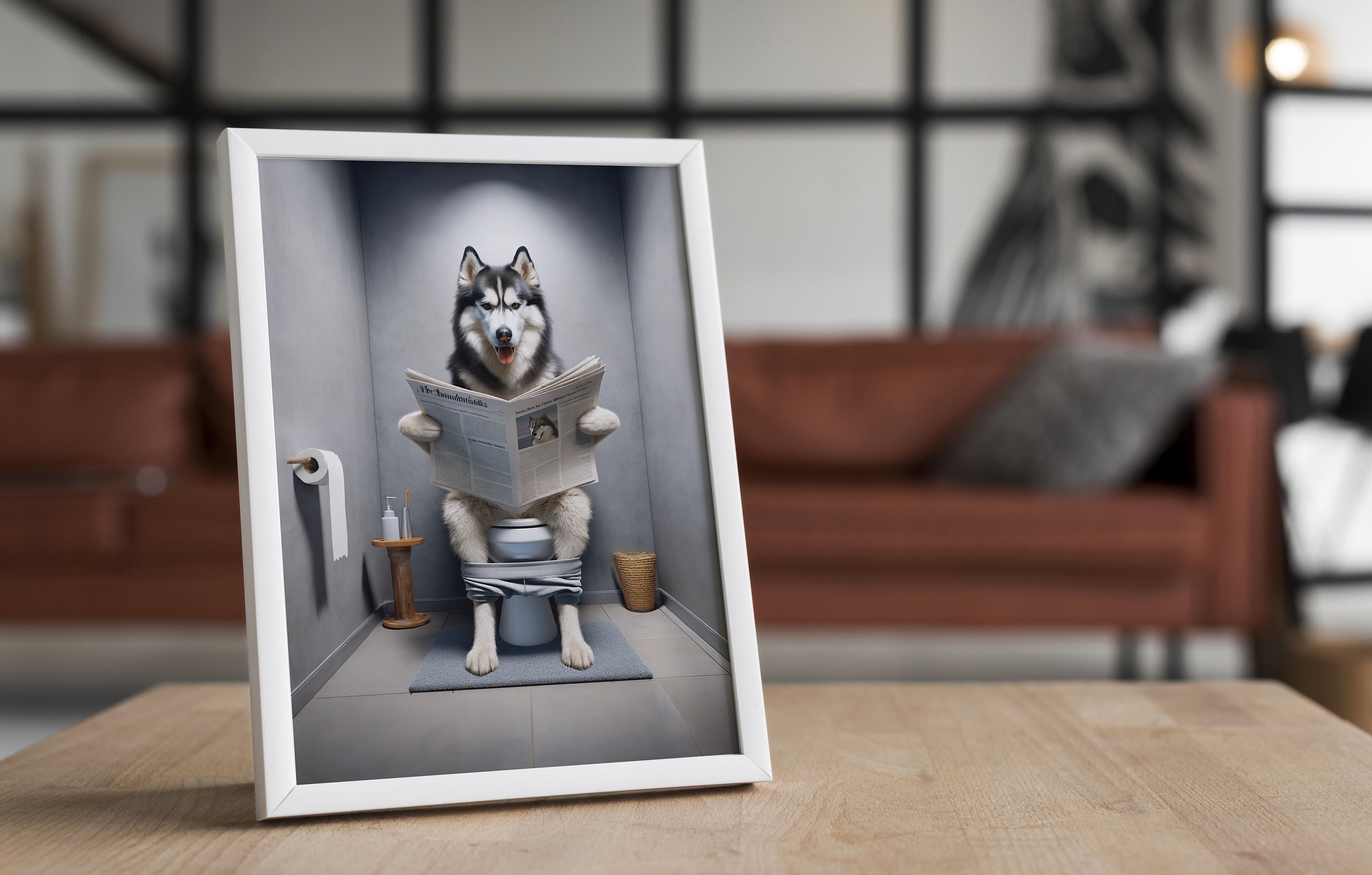 Photograph of a Siberian Husky Reading the Newspaper on the Toilet ...