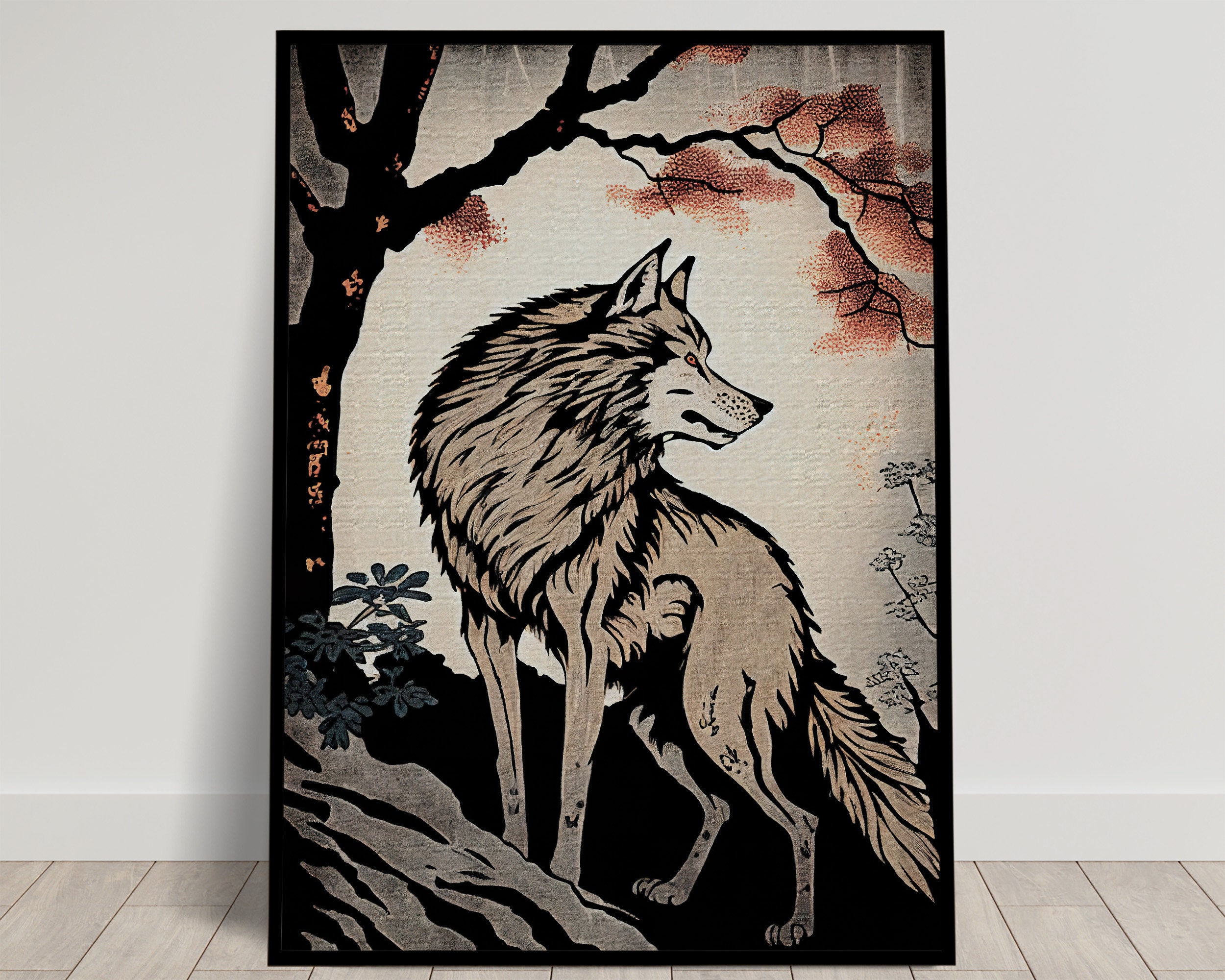 Wolf in the Forest Wall Poster, Japanese Art Style Illustration, Ukiyo ...