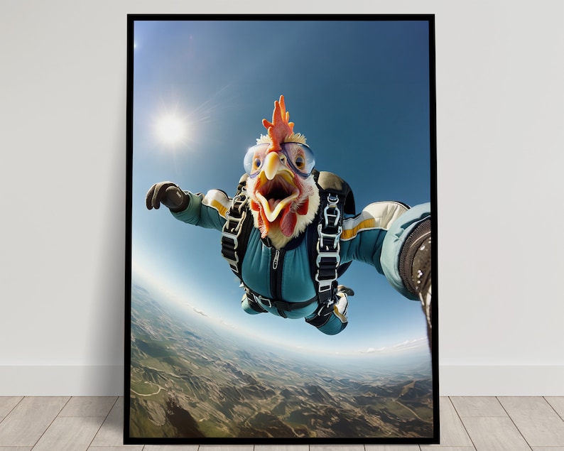 Photograph of a Skydiving Chicken in Free Fall, Epic Wall Art, Animal ...