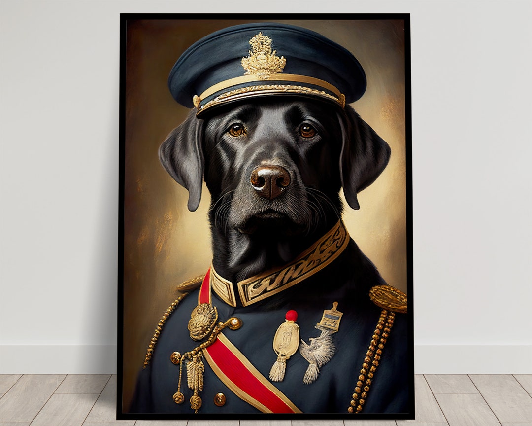 Portrait of a Black Labrador in Military Uniform, Animal Wall Decor ...
