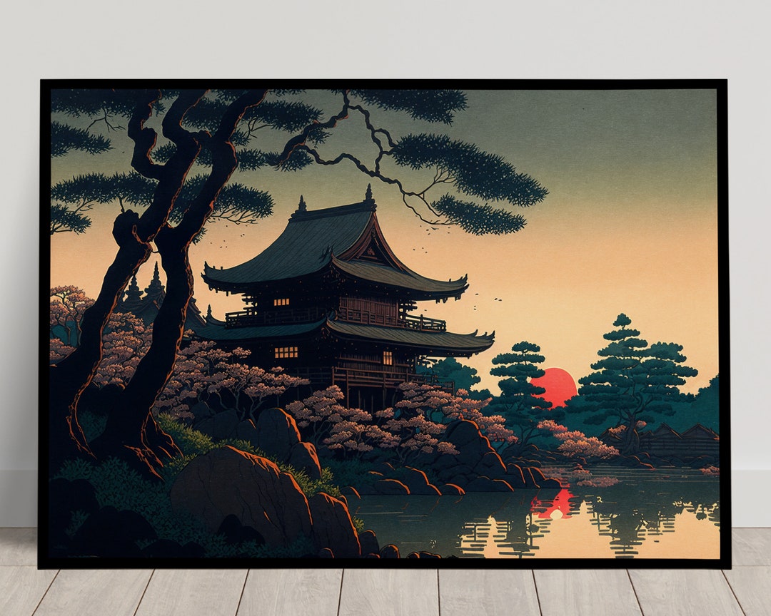 Japanese Temple Wall Poster, Japanese Art Style Illustration, Lake ...