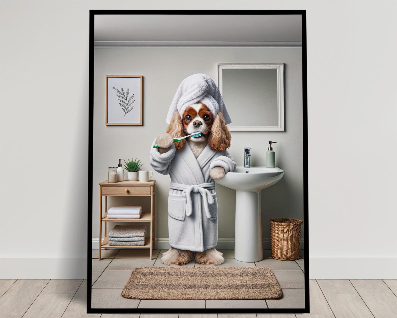 Portrait of a Cavalier King Charles Spaniel Brushing Teeth in Bathrobe ...
