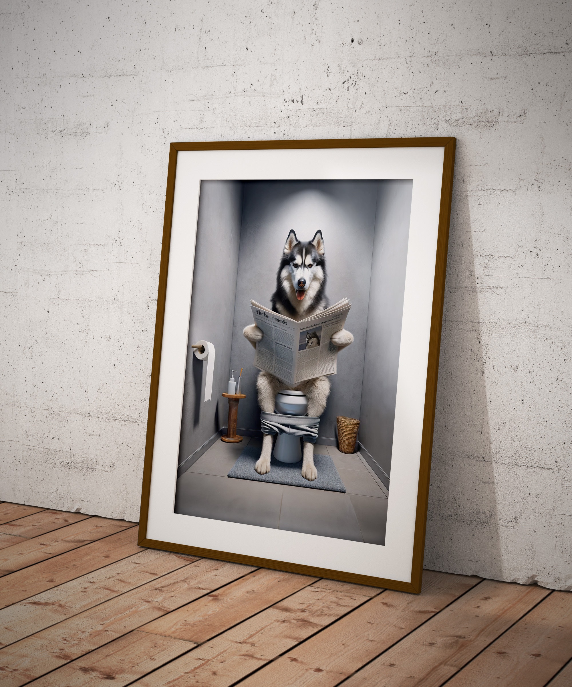 Photograph of a Siberian Husky Reading the Newspaper on the Toilet ...