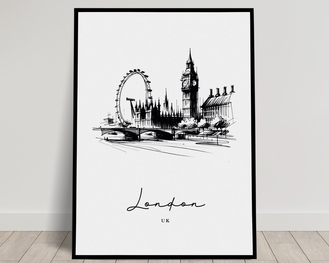 London Poster, Black and White Sketch of Londonian Landmarks, Living ...