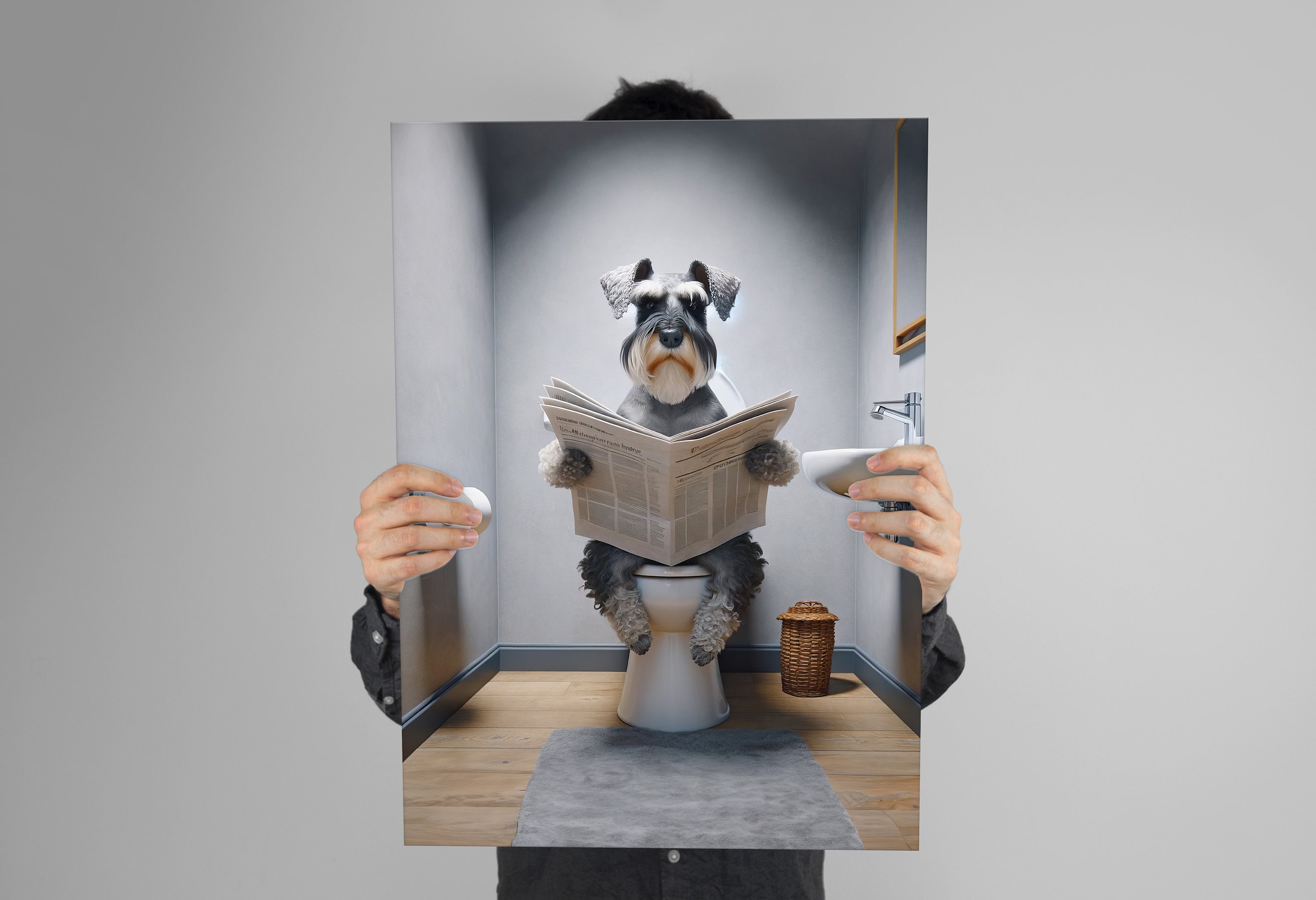 Photograph of a Miniature Schnauzer Reading the Newspaper on the Toilet ...