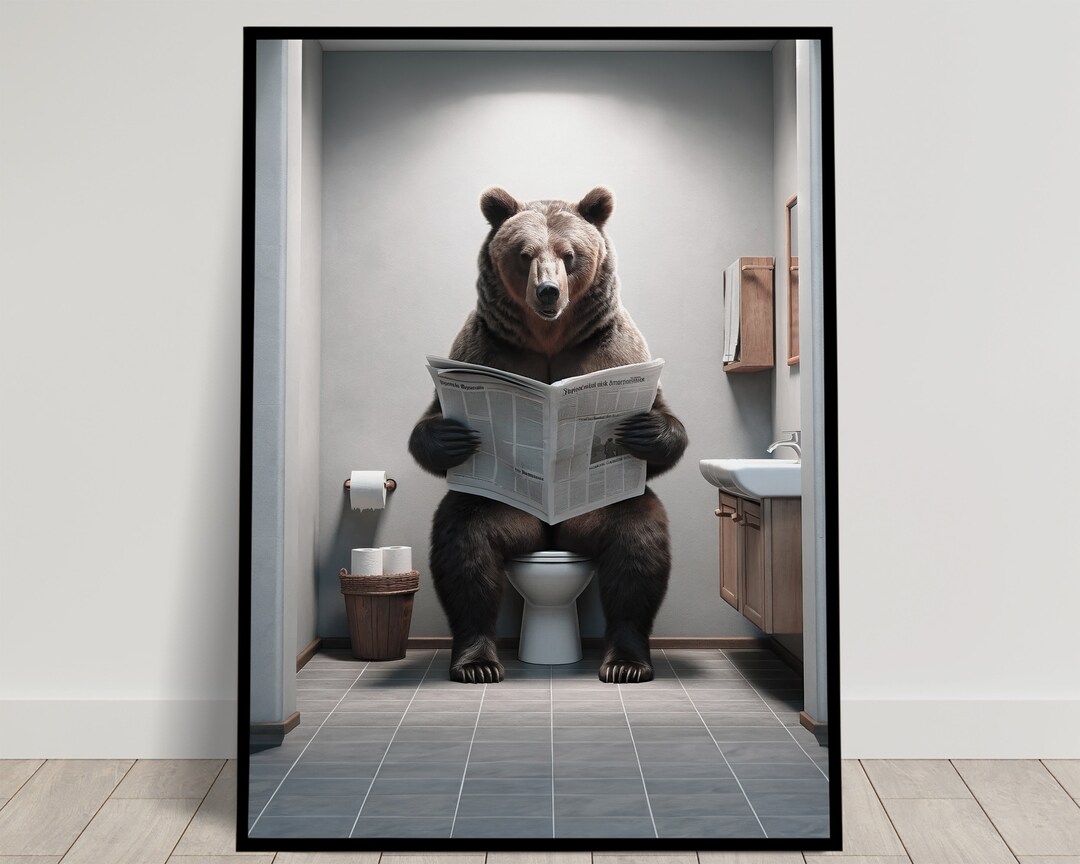 Photograph of a Brown Bear Reading the Newspaper on the Toilet, Funny ...