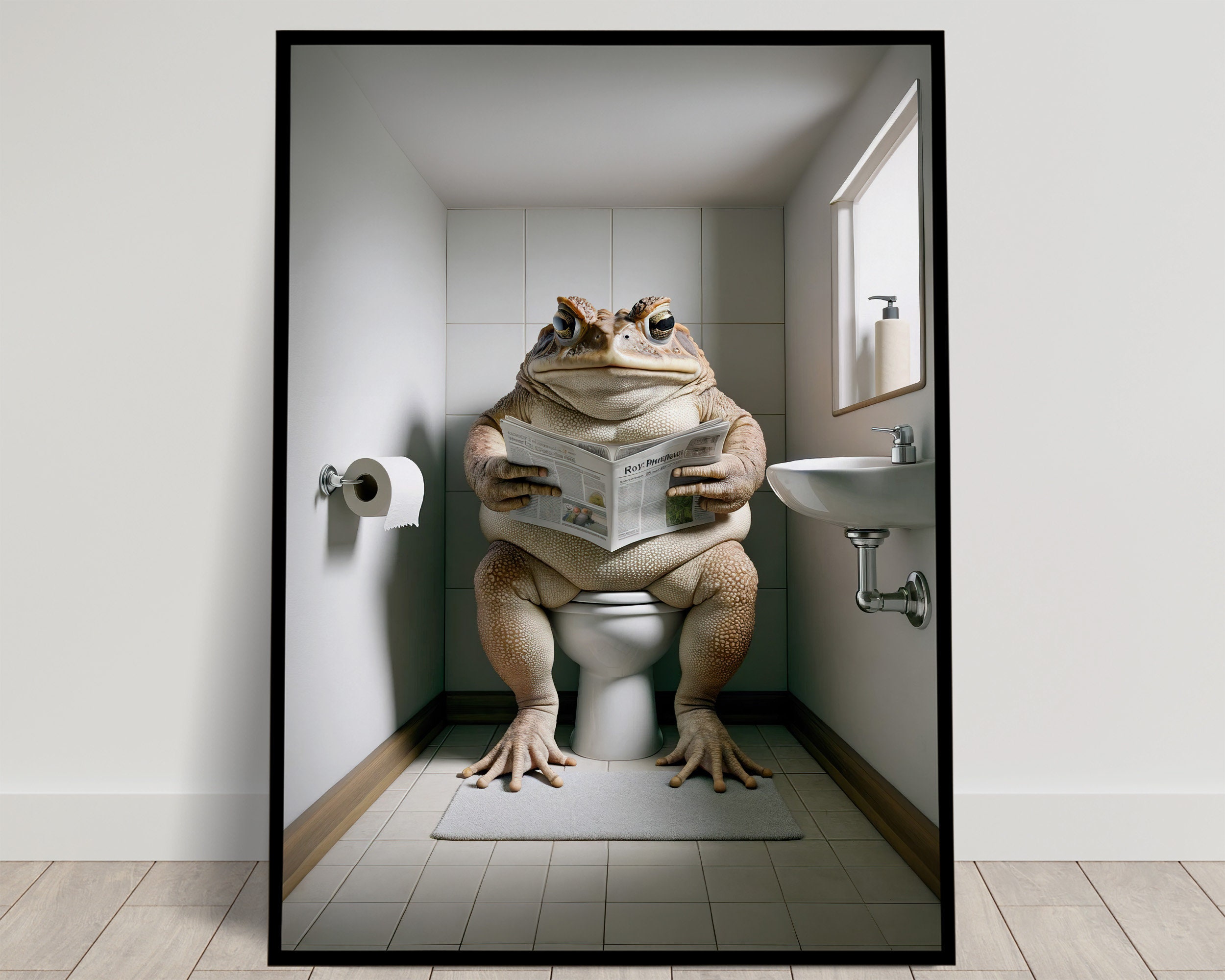 Photograph of a Toad Reading the Newspaper on the Toilet, Funny ...