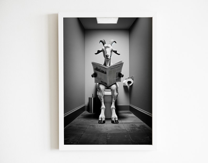 Photograph of a Goat Reading on the Toilet in Black and White, Fun ...