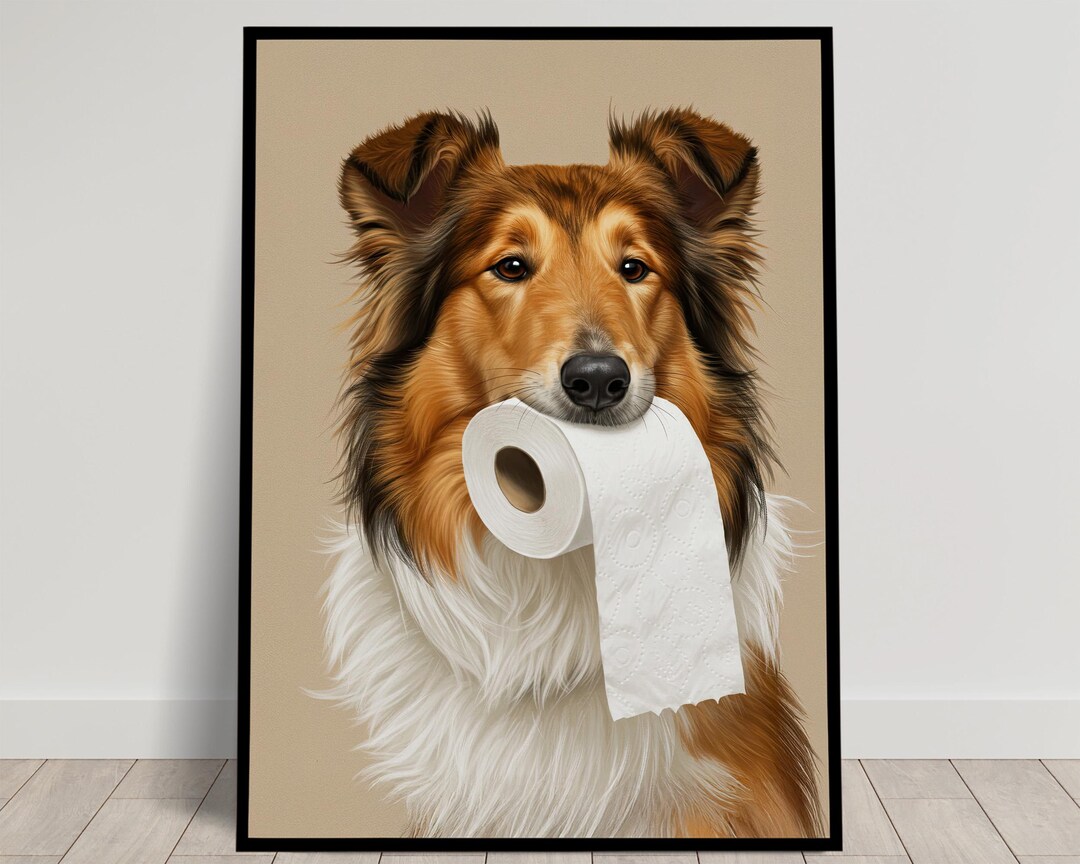 Rough Collie With Toilet Paper Roll in Mouth, Toilet Humor, Collie ...