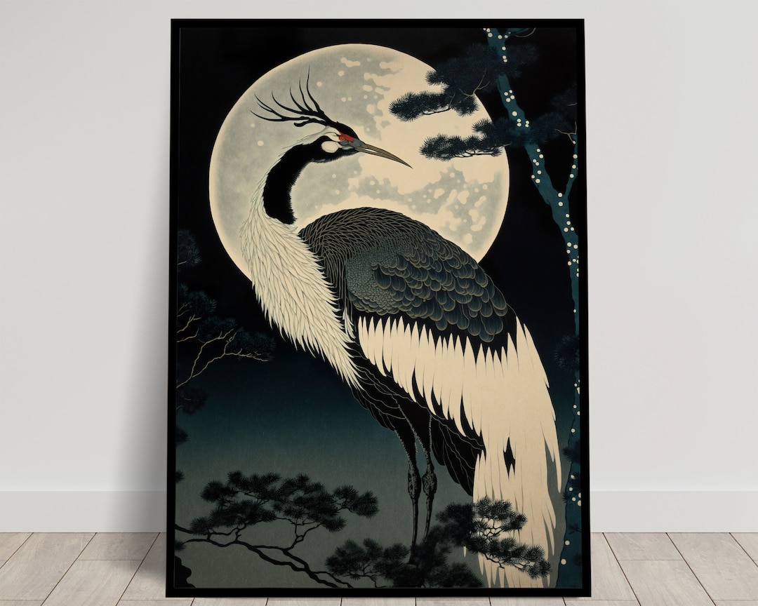 Moonlight Japanese Crane Wall Poster, Japanese Art Style Poster, Asian ...