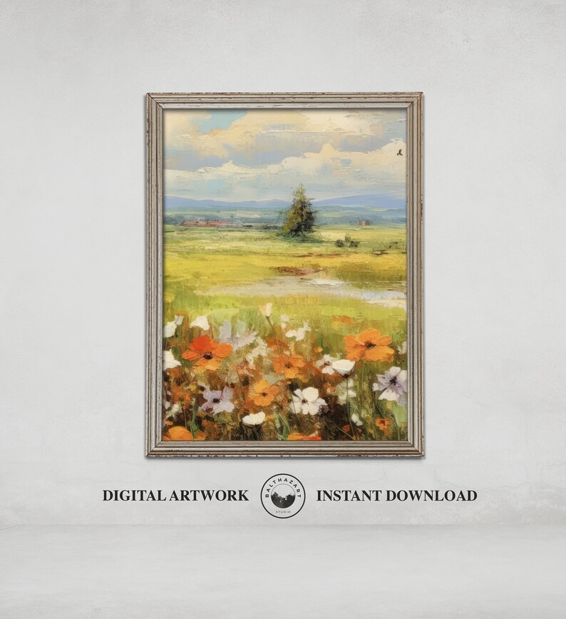 Trio of Printable Oil Paintings: Wildflower Meadow Landscape, Vintage ...