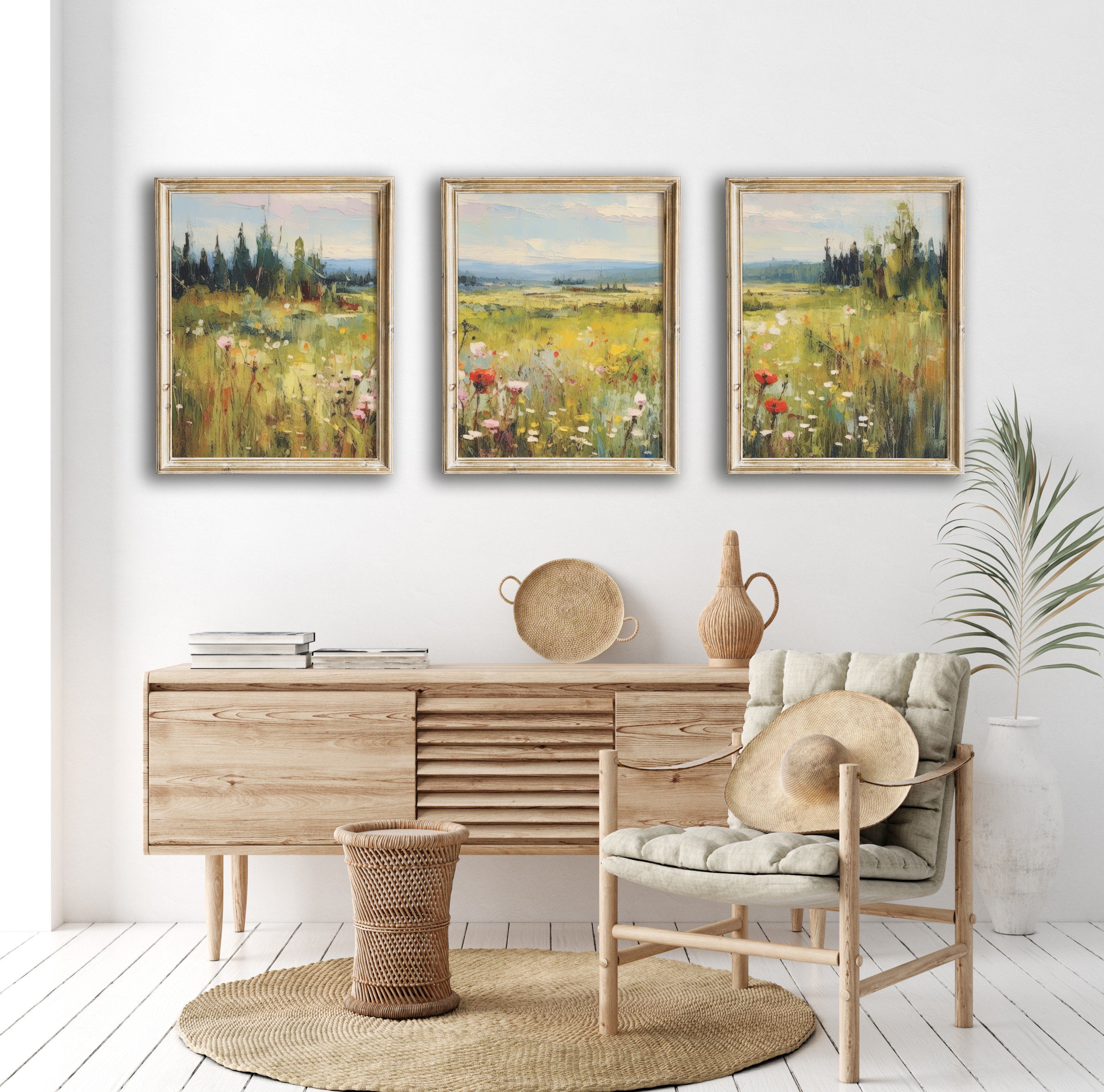 Trio of Printable Oil Paintings: Wildflower Meadow Landscape, Vintage ...