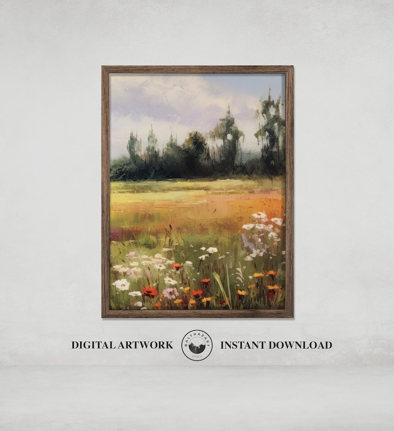 Trio of Printable Oil Paintings: Wildflowers Field Landscape, Vintage ...